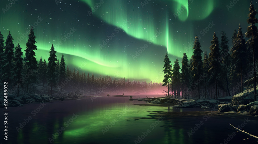 A northern lights that shine in the northern mountain forest and the ...
