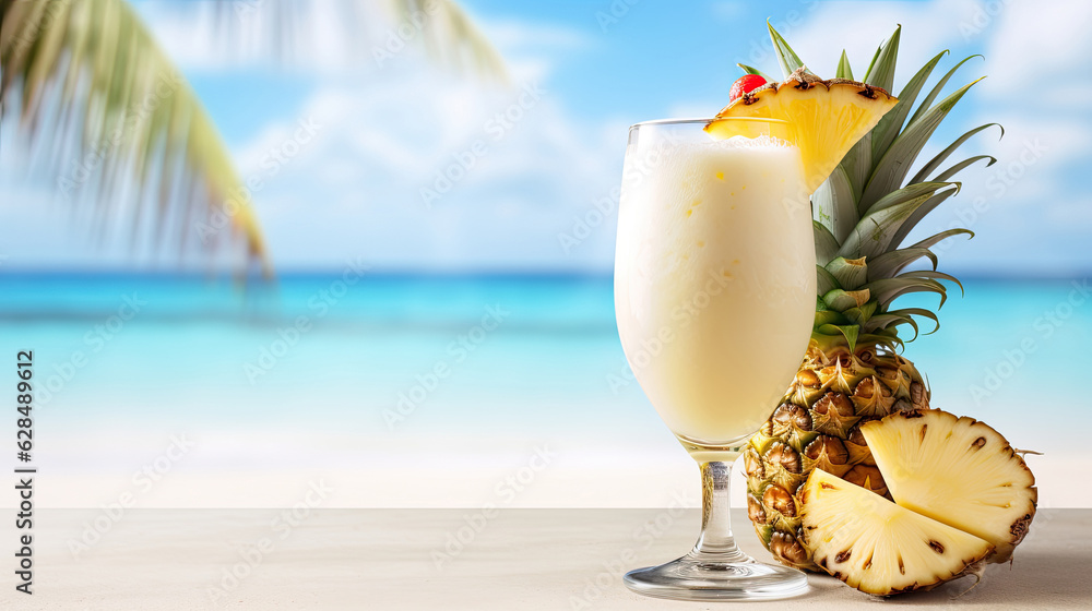 Horizontal summer concept with pina colada cocktail and the sea on the ...
