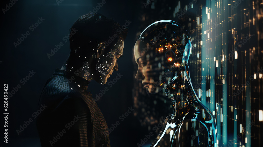 Humanoid female AI futuristic android, cyborg robot, vibrant neon neural network, futuristic ...