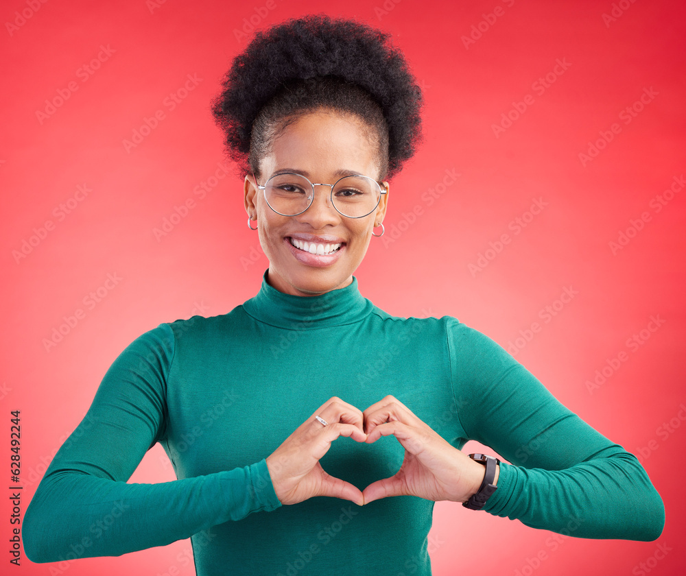 Happy woman, portrait and heart hands for love, care or romance against ...