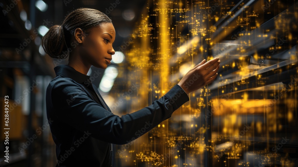 female data scientist expertly using a complex minority report style ...