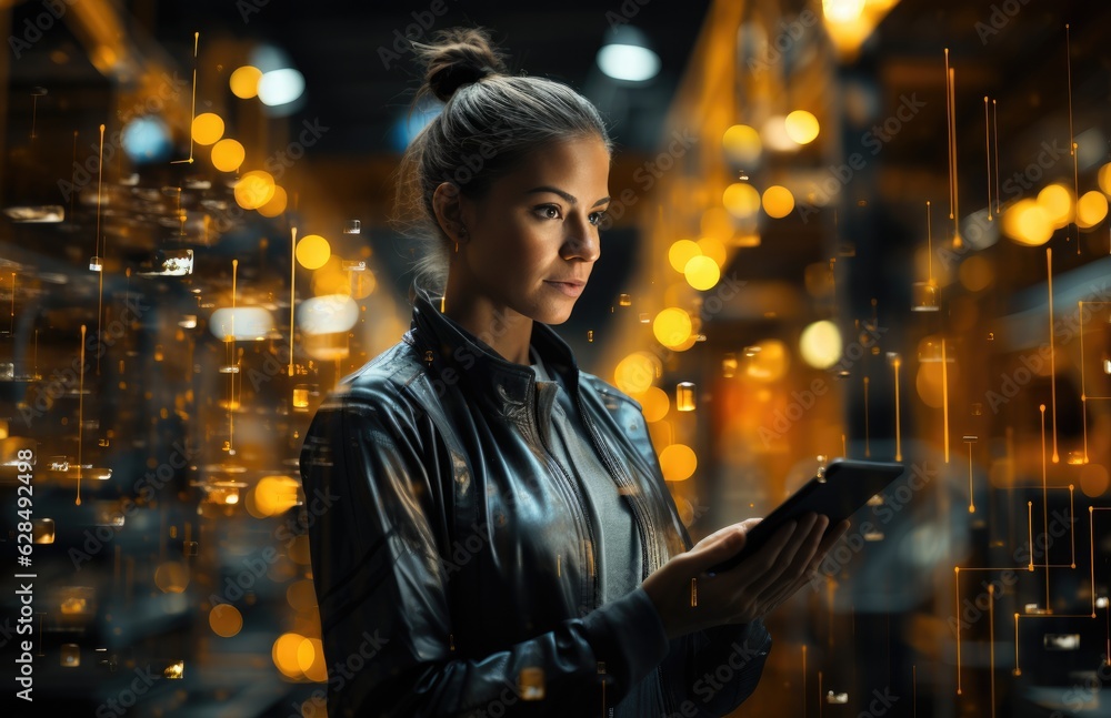 female data scientist expertly using a complex minority report style ...