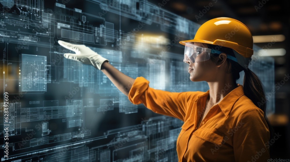 female data scientist expertly using a complex minority report style ...