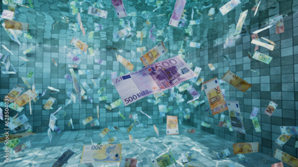 Floating euro bills - money flying in Pool - underwater banknotes ...