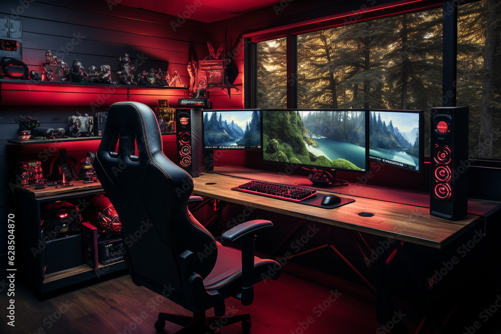 Gaming setup with a wide curved monitor and immersive graphics, gamer ...