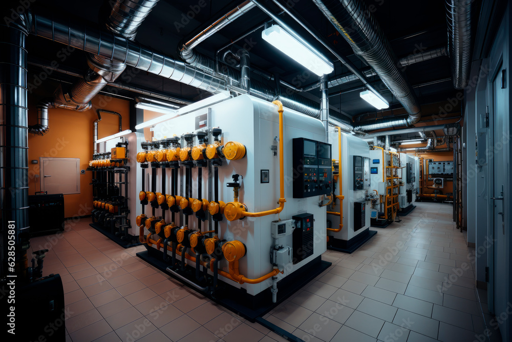 A modern house boiler room with a heating system.Pipelines, water pump ...