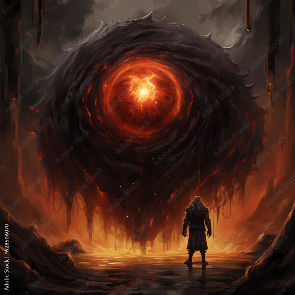 Generative AI, Gloomy Fantasy Art: Dwarf Facing Massive Flaming Eye ...
