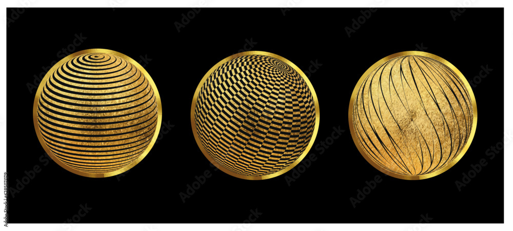 A collection of three shiny golden grunge orbs with black lines elegant ...