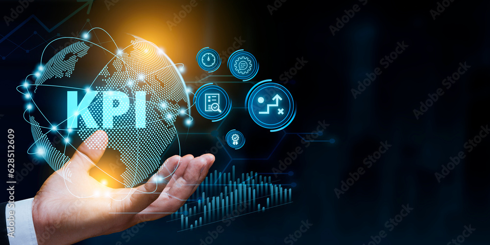 KPI key performance indicator. Modern graphic interface showing symbols ...