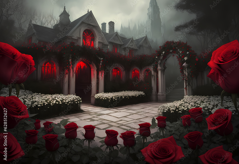 beautiful and terrifying painting of the reaper's garden with red roses ...