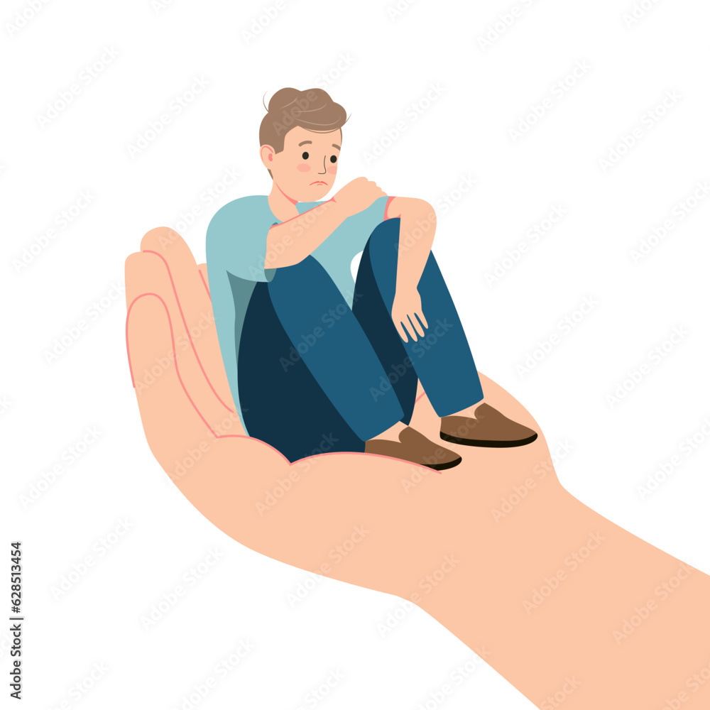 Human hand helps a sad man to get rid of anxiety. The counselor ...