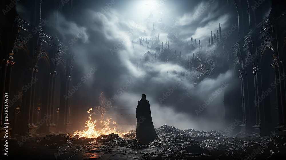 Dark person view from the back in the throne room horror, lord of evil ...