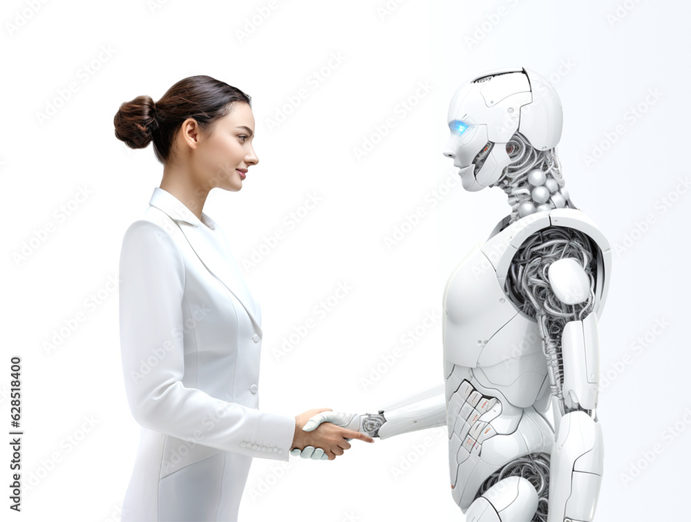 Beautiful young business woman shaking hand with AI humanoid robot ...