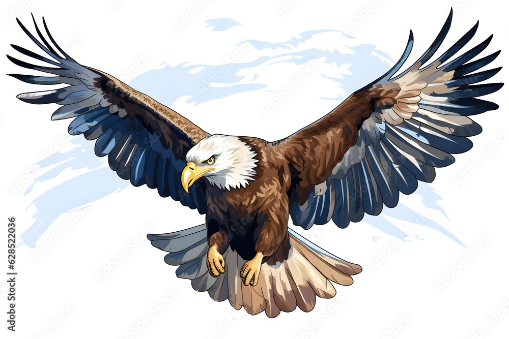 Large brown and white eagle is soaring above a white background, in the ...