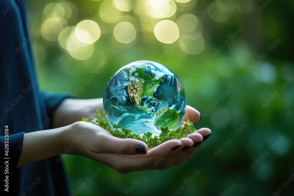 ESG environment social governance concept. Hand-holding crystal globe ...