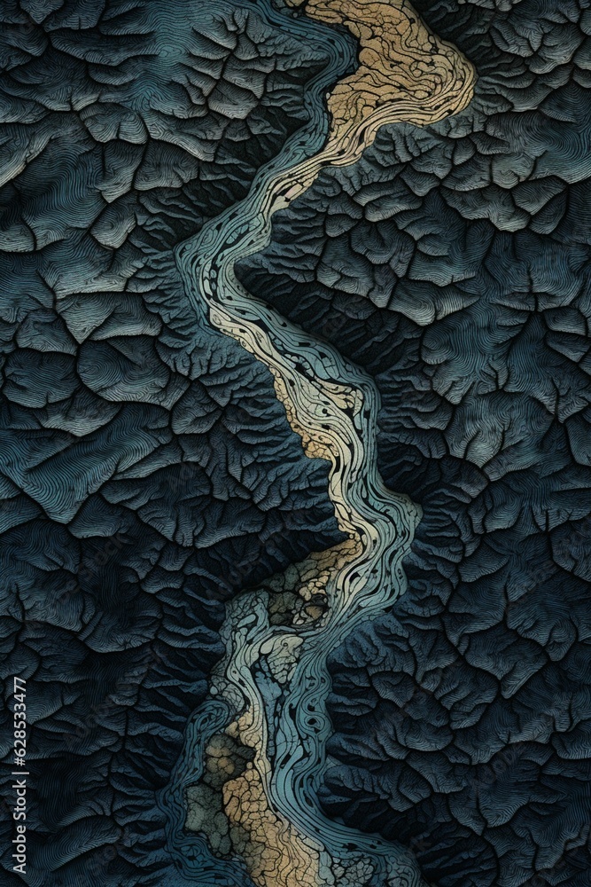 Topography map of many winding rivers like ribbons thrown across the ...