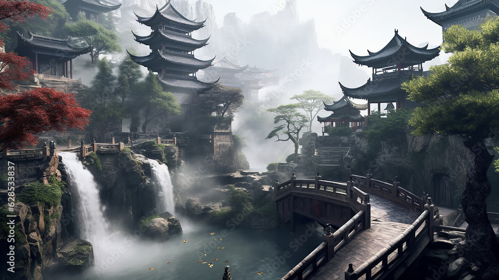 landscape in an ancient Chinese city with waterfalls and mountains ...