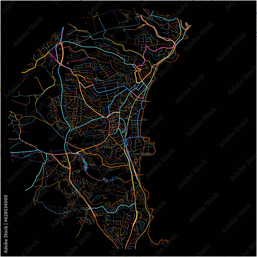 Colorful Map of Paignton, South West England with all major and minor ...