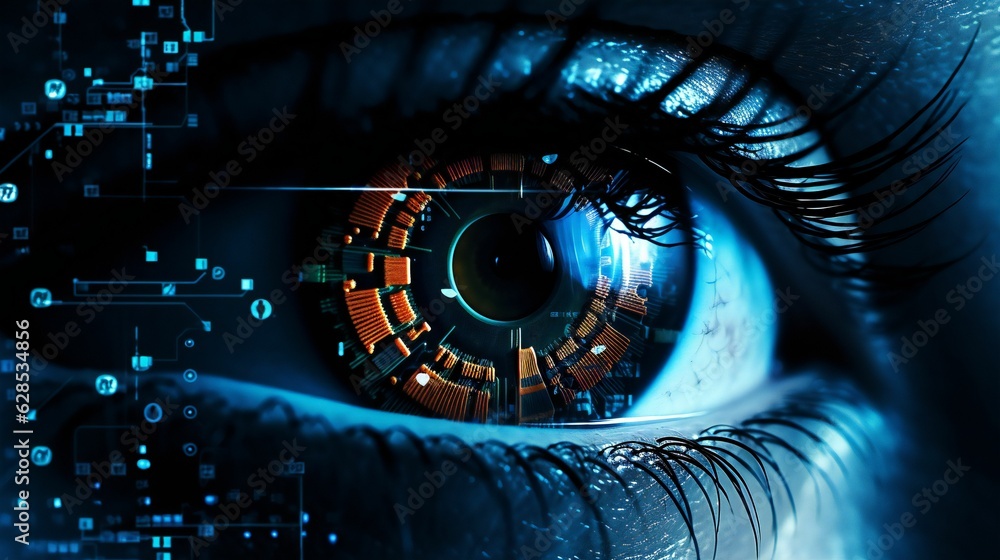 AI generated illustration of a human eye with a circuit board inside it ...