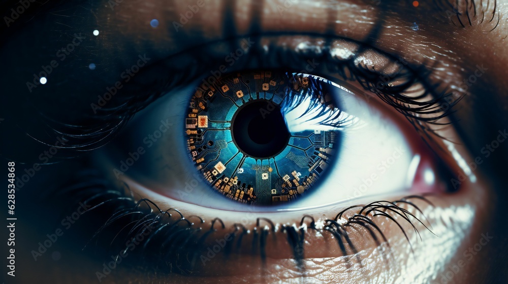 AI generated illustration of a human eye with a circuit board inside it ...