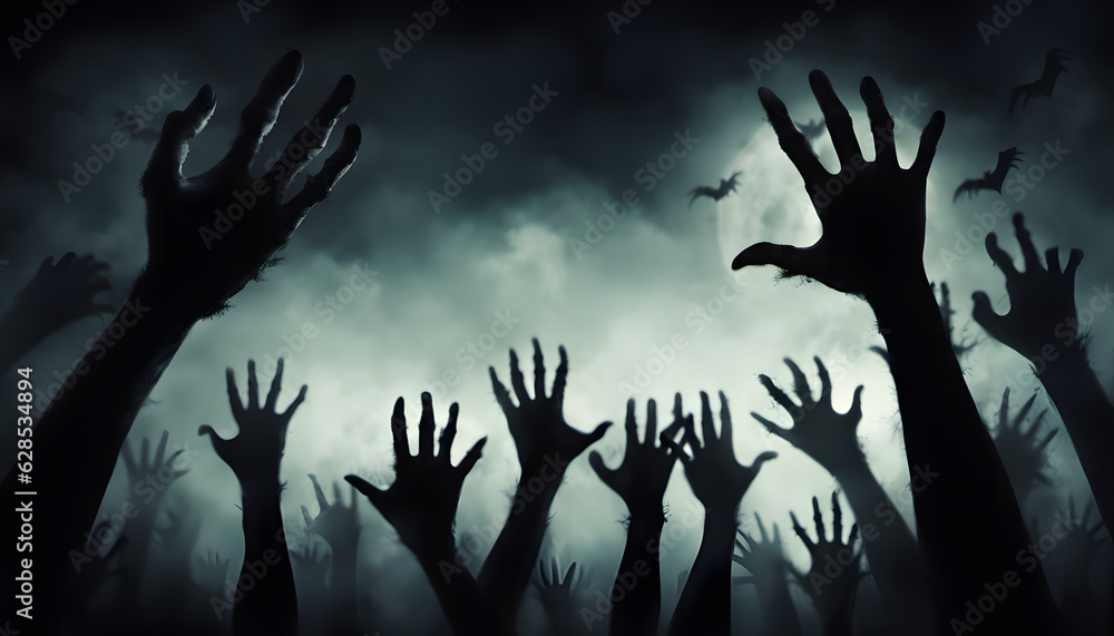 Zombie hand emerging from the ground, Graveyard in spooky death Forest ...