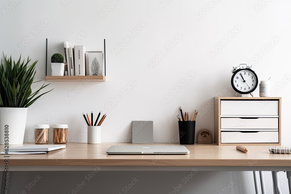 Front view desk with workplace, office supplies, and copy area against ...