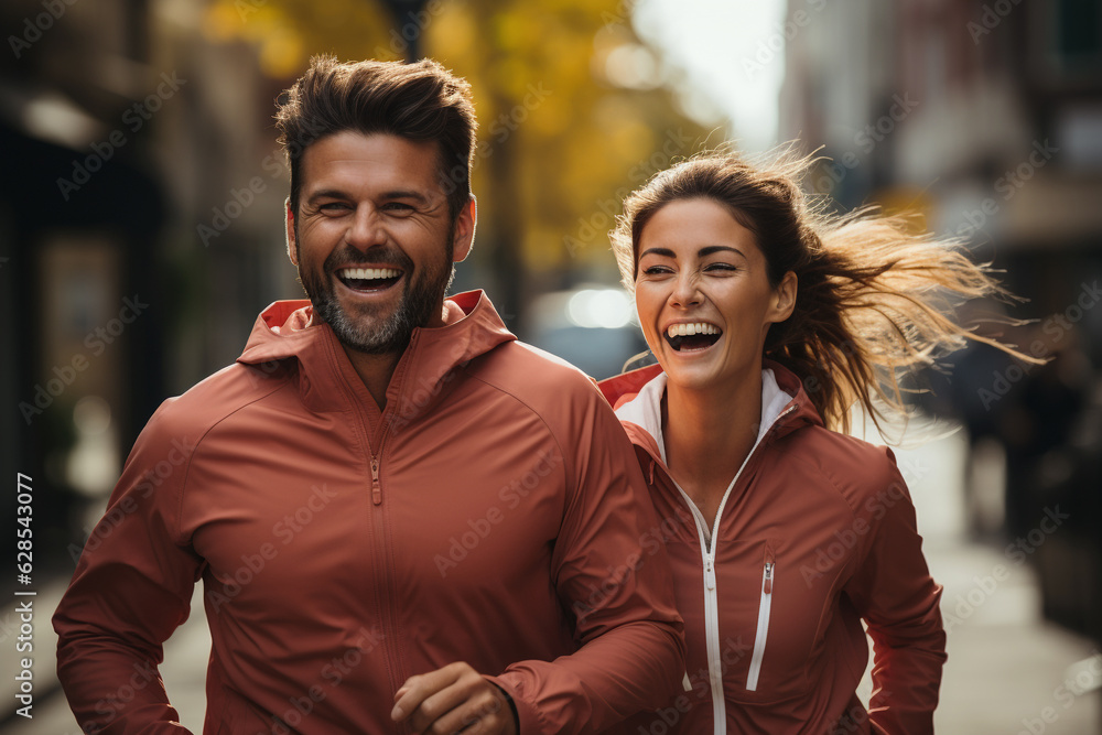 fit and determined couple of runners, a woman and a man, gracefully ...
