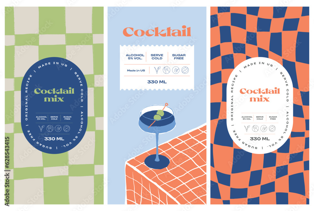 Vector hand drawn cocktail packaging label design template set for cafe ...