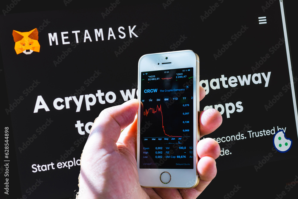 MetaMask app running at smartphone screen with trading candlestick ...