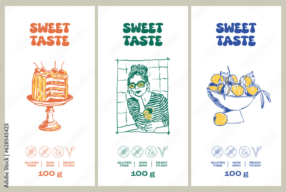 Vector hand drawn food and drinks packaging label design templates for ...