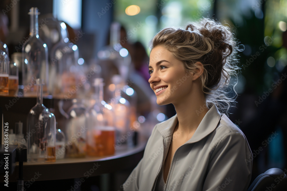 female lab worker wearing a smile can be seen standing next to shelves ...