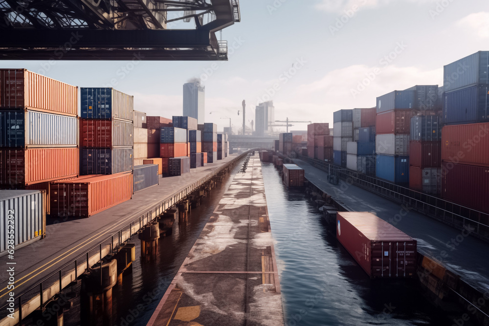 a row of cargo containers ready for international export, with a busy ...