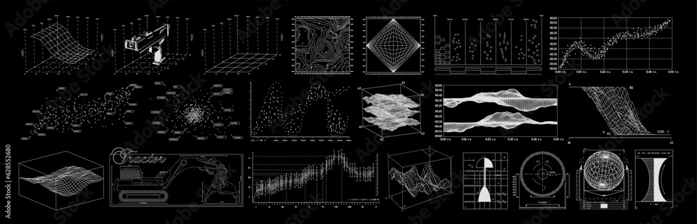 Wireframe of geometric shapes. 3D retro futuristic blueprints of ...
