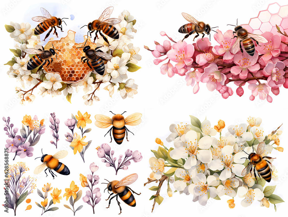 Honey Bees isolated clipart set on a white background. Watercolor bees ...