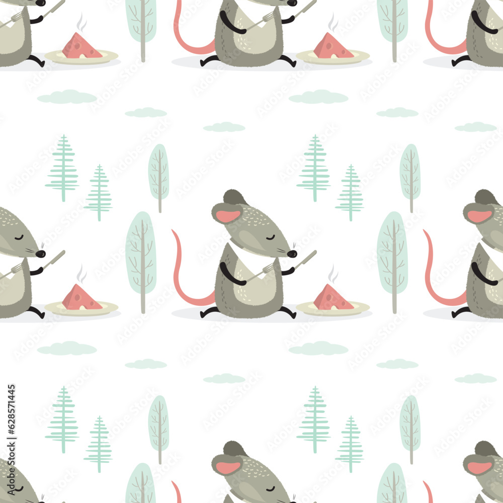 Picnic in nature, mouse eats cheese, seamless pattern. Texture with ...