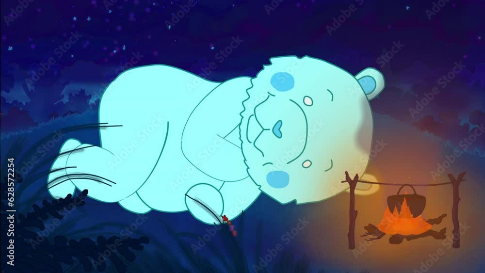 Cute gigantic bear cub lying at campfire in the forest. 2d cartoon ...