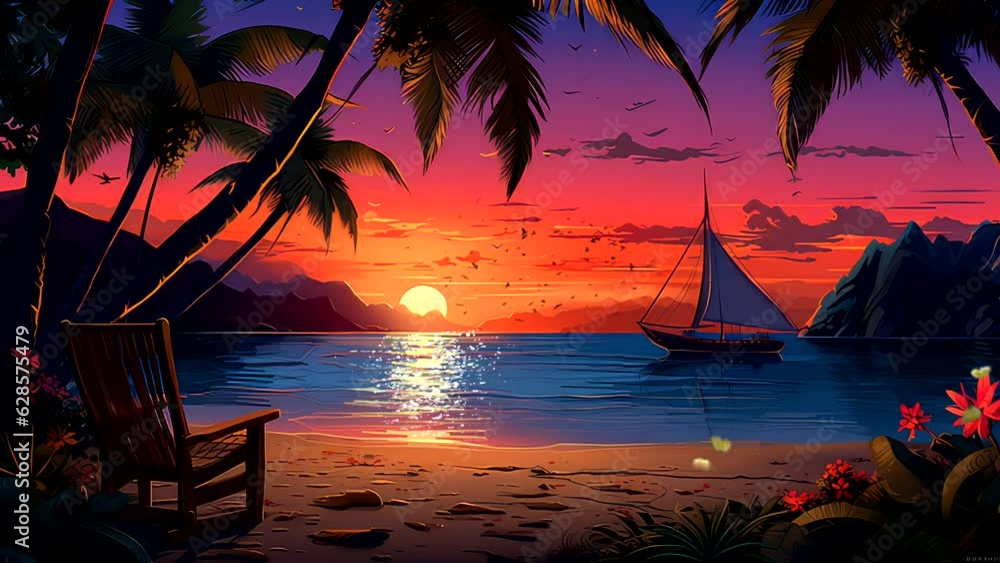 Anime background video of beautiful view sunset beach with bonfire ...