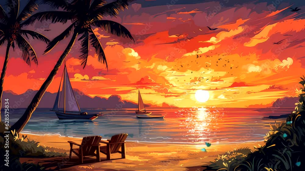 Anime background video of beautiful view sunset beach with bonfire ...