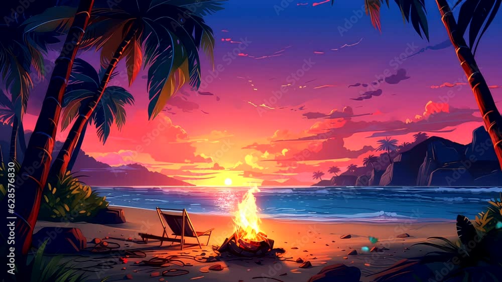 Anime background video of beautiful view sunset beach with bonfire ...