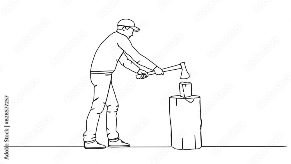 animated continuous single line drawing of man chopping wood with axe ...