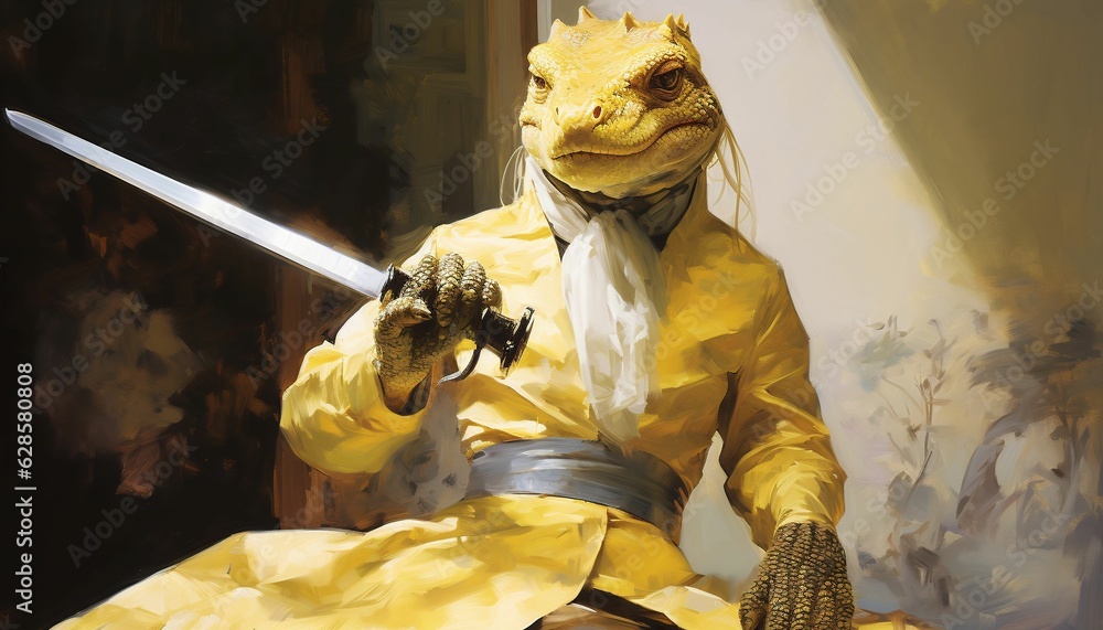 AI generated illustration of an oil painting of a lizard in a costume ...