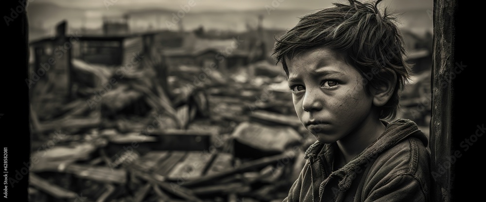Young boy stands alone in a cityscape that has been damaged by a ...