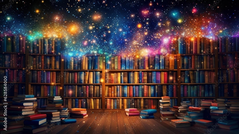 AI generated illustration of a magical library in an open space setting ...