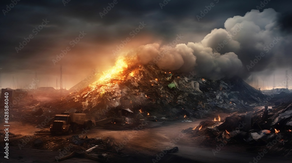 AI generated illustration of a pile of garbage burning in the night sky ...