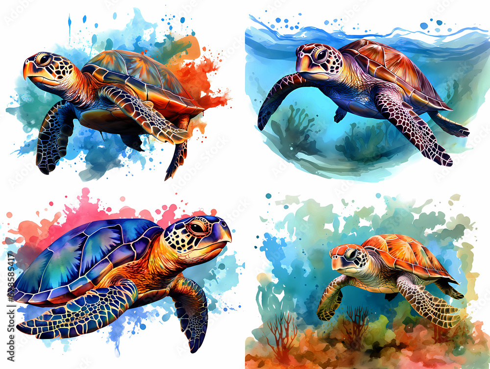Watercolor sea turtles clipart set isolated on a white background ...