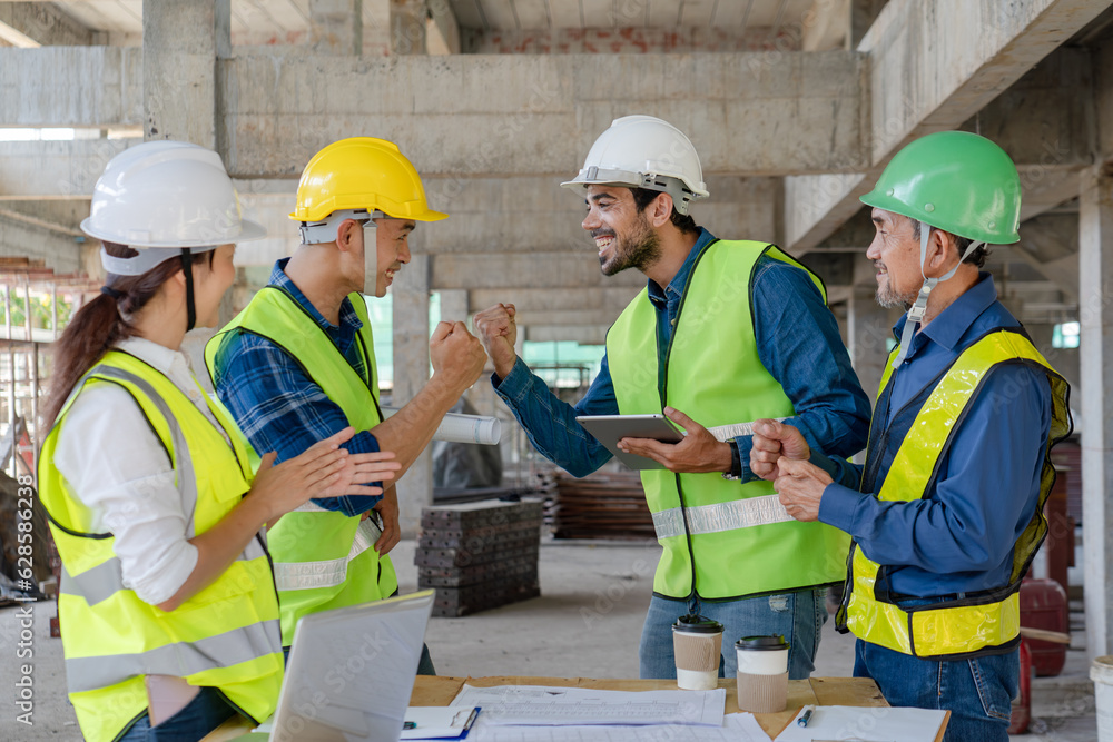 team of civil engineer happy smiling and raising hands to celebrate ...