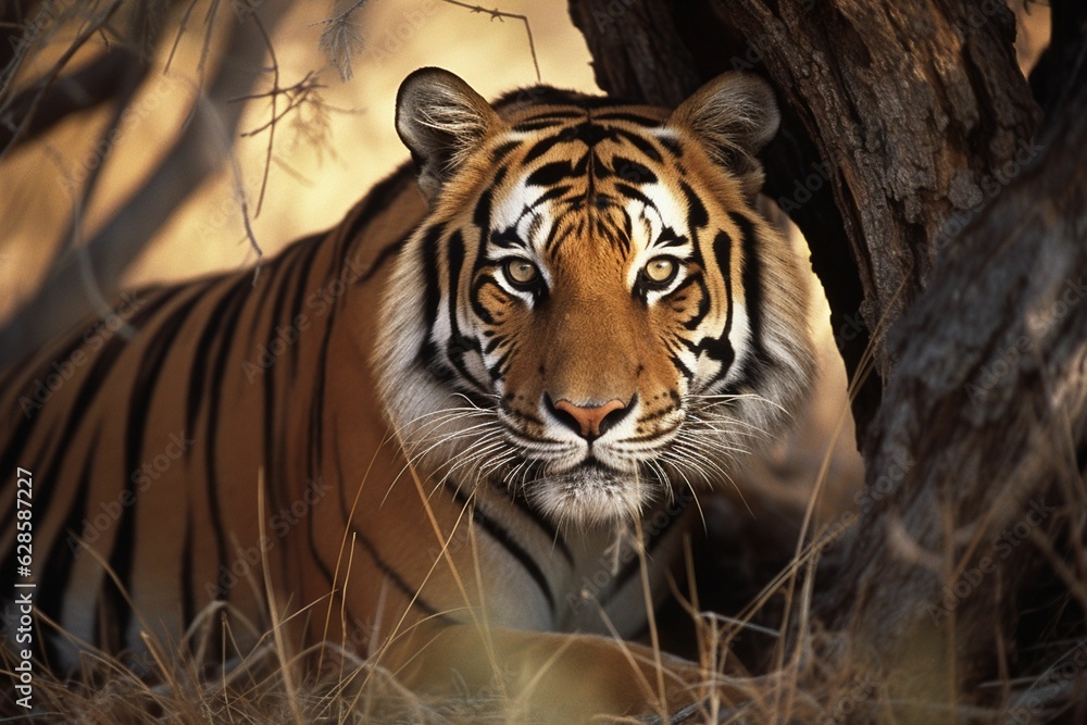 AI generated illustration of a majestic Bengal tiger in a dry savannah Stock Illustration ...