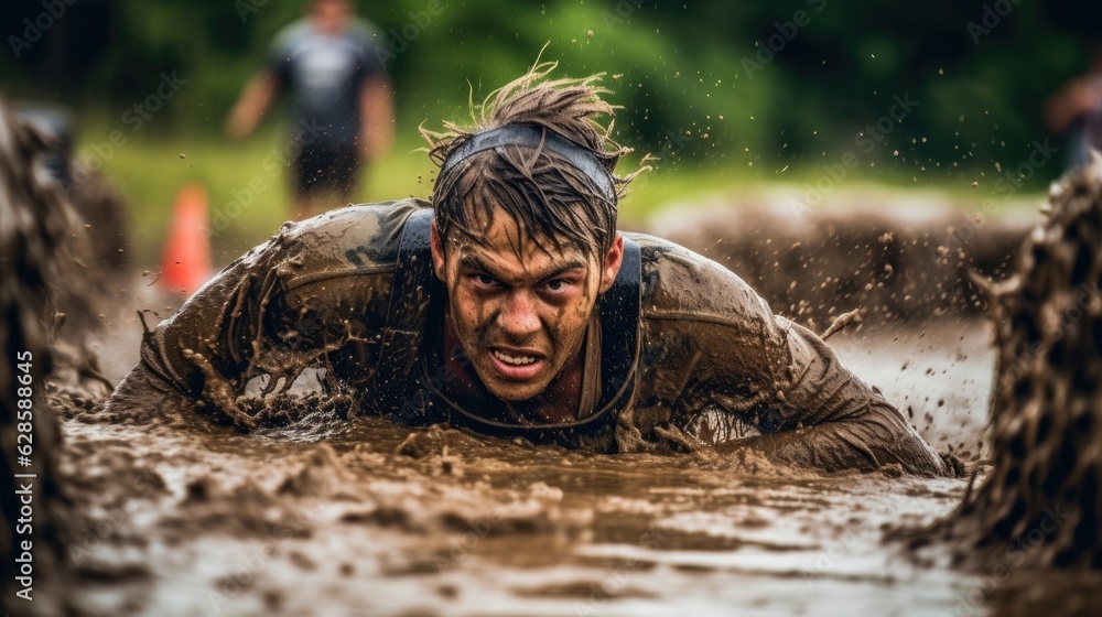 Foto de Man is running through muddy water in race. He appears to be ...