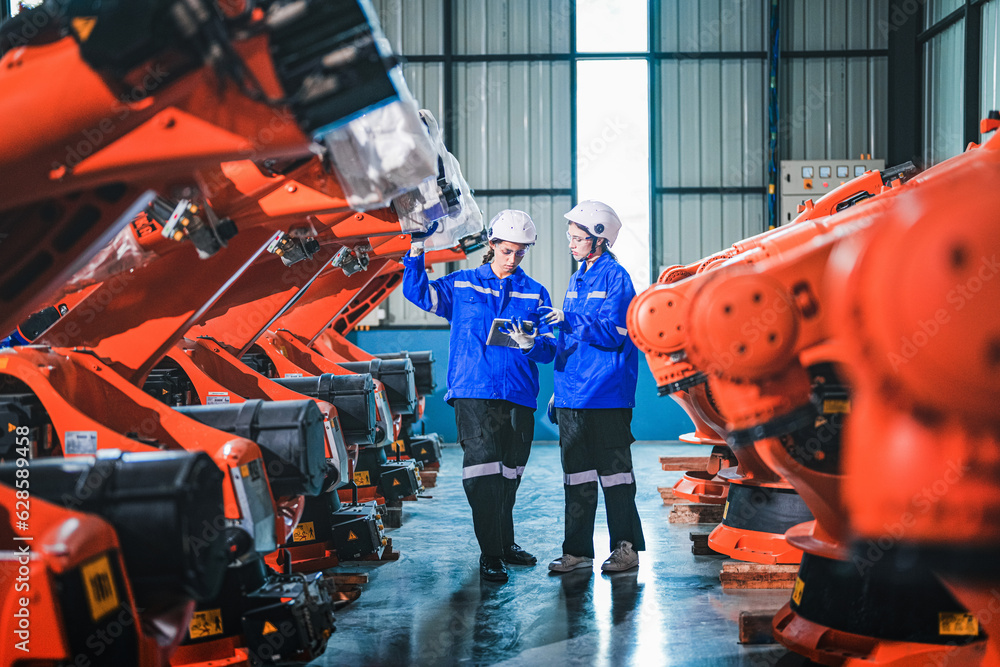 Factory engineer woman inspecting on machine with smart tablet. Worker ...