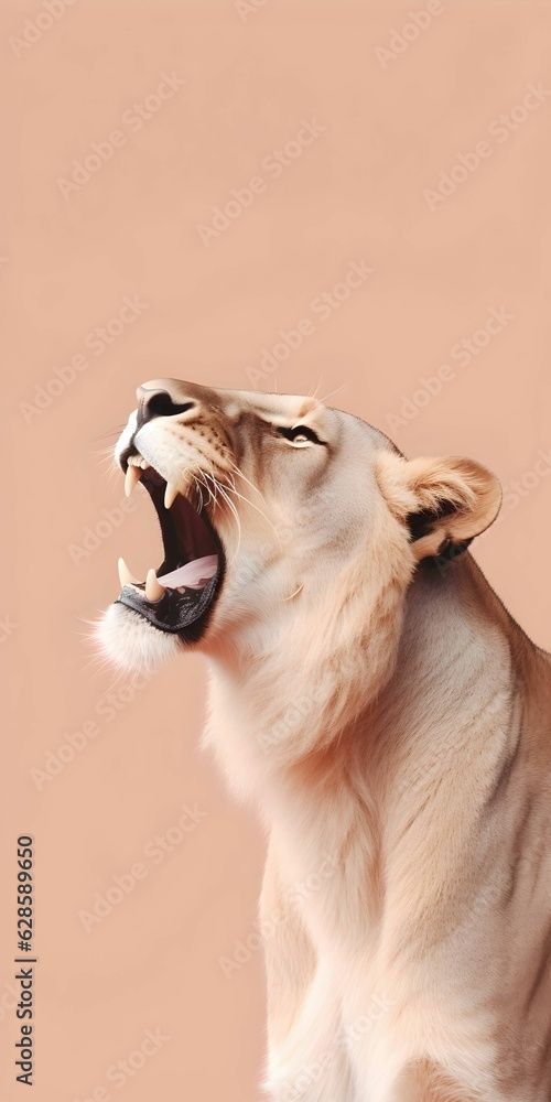 Majestic lion with its powerful jaw open, displaying its impressive set ...